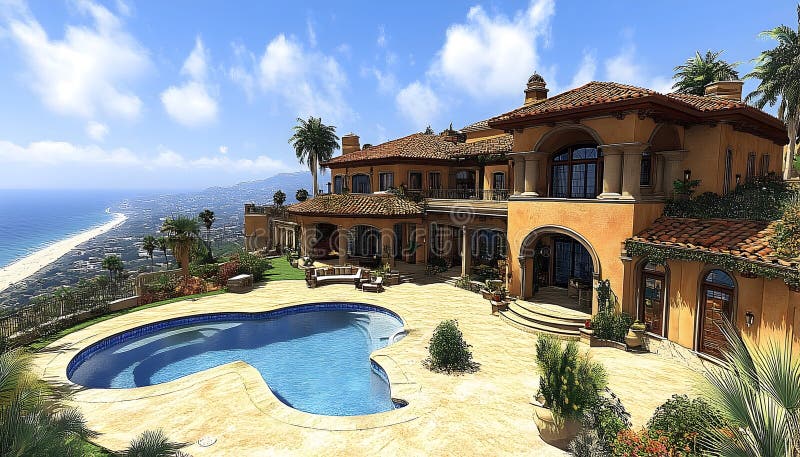 Oceanview Mediterranean Estate Stock Illustration - Illustration of ...