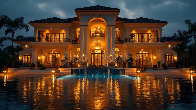 Luxury Mansion with Pool at Night - 3D Illustration Stock Illustration ...