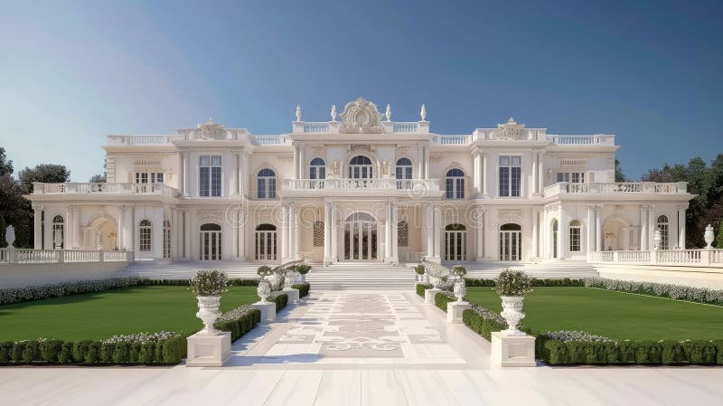 A Luxury Mansion in Spring, Featuring a Large Lawn and White Flowers in ...