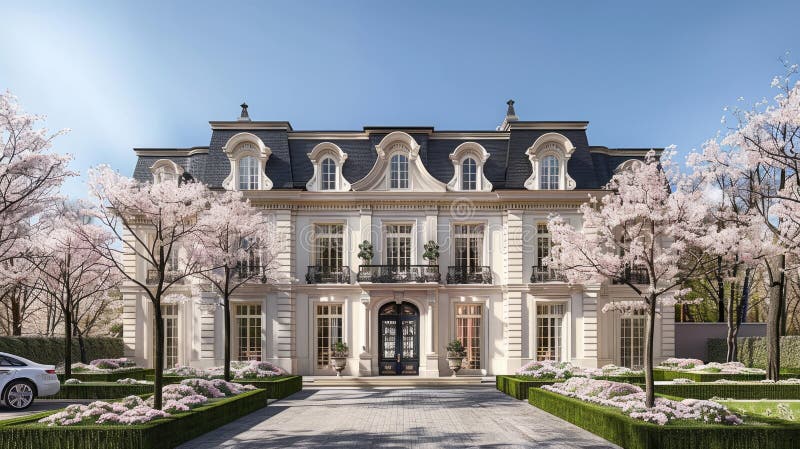 A Luxury Mansion in Spring, Featuring a Large Lawn and White Flowers in ...