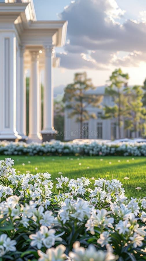 A Luxury Mansion in Spring, Featuring a Large Lawn and White Flowers in ...