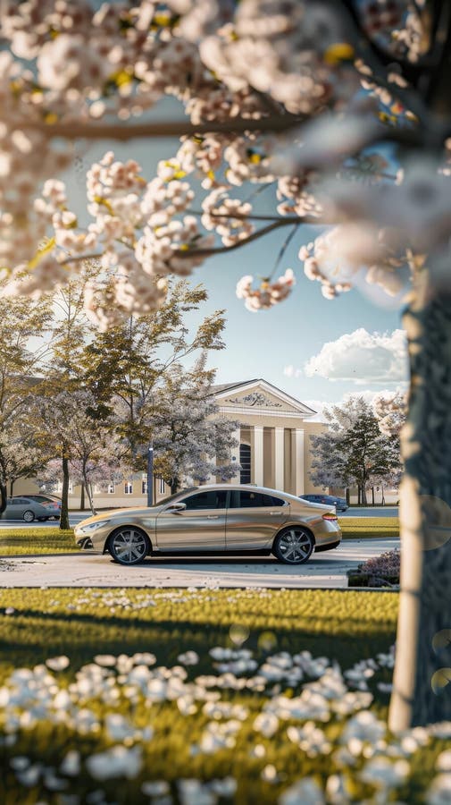 A Luxury Mansion in Spring, Featuring a Large Lawn and White Flowers in ...