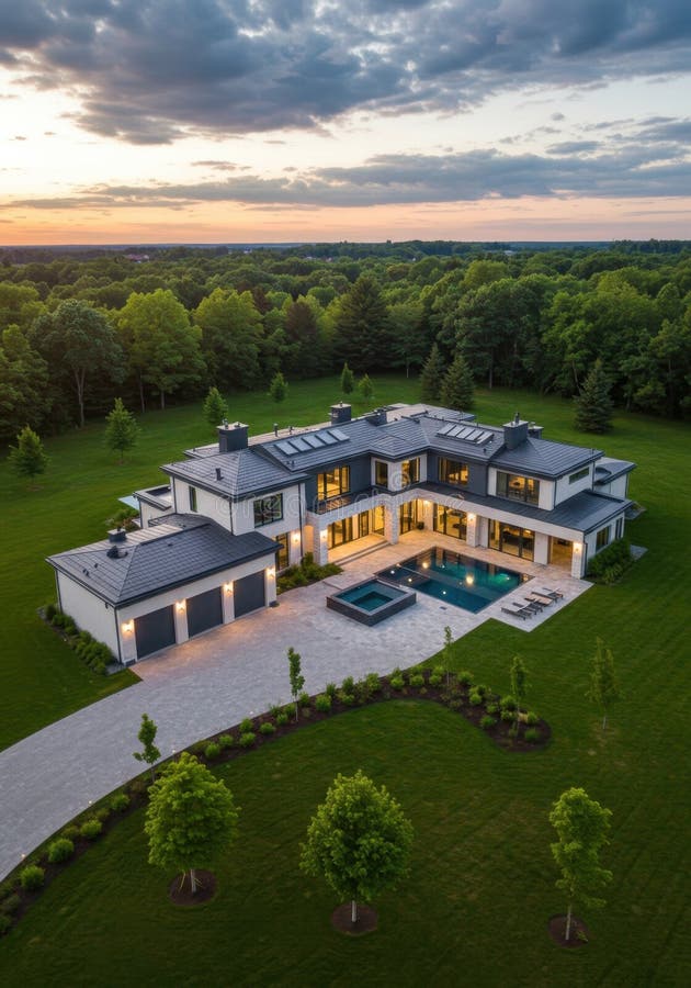 Luxury Mansion at Sunset Aerial View Stock Illustration - Illustration ...