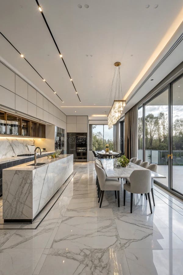 Luxury Marble Kitchen and Dining Room Stock Photo - Image of dining ...