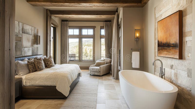 Luxury Master Suite with Rustic and Modern Design Elements Stock ...