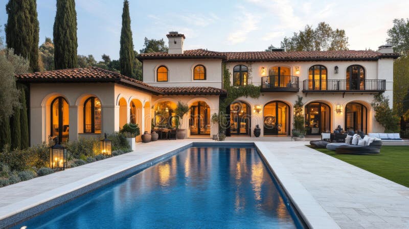 Luxury Mediterranean Style Villa with Pool at Dusk Stock Illustration ...