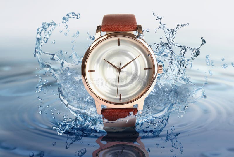 Luxury Men`s Watch in Water Splashes Demonstrating Its Waterproof Stock ...
