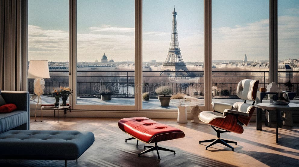 Luxury Minimalistic Living Room with Eiffel Tower View - Generative Ai ...