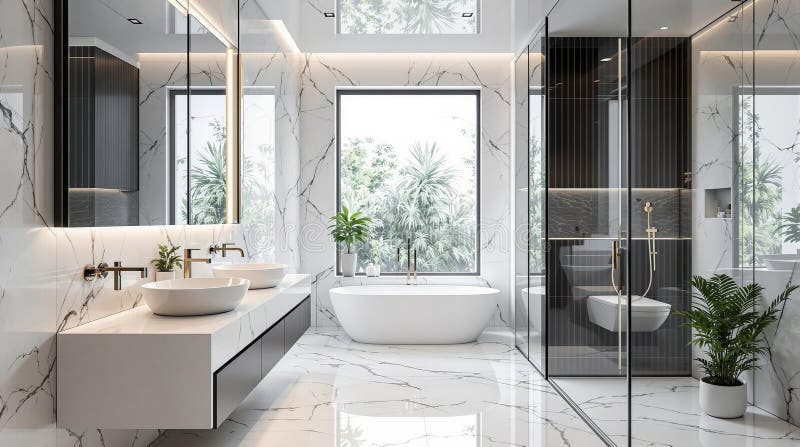 Luxury Modern Bathroom with Marble Finish and Large Window View Stock ...