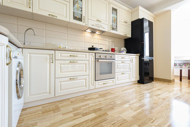 Luxury Modern Beige and White Kitchen Interior Stock Image - Image of ...