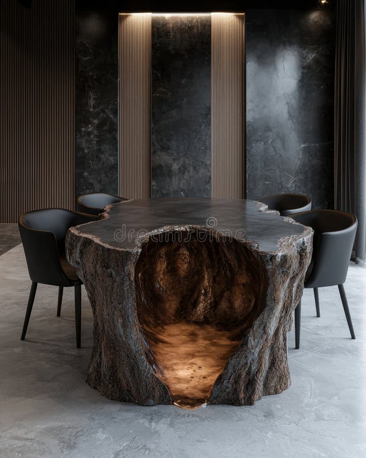 Luxury Modern Dining Room with Unique Tree Trunk Table Stock ...