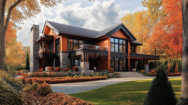 Luxury Modern Home in Autumn Setting Stock Illustration - Illustration ...