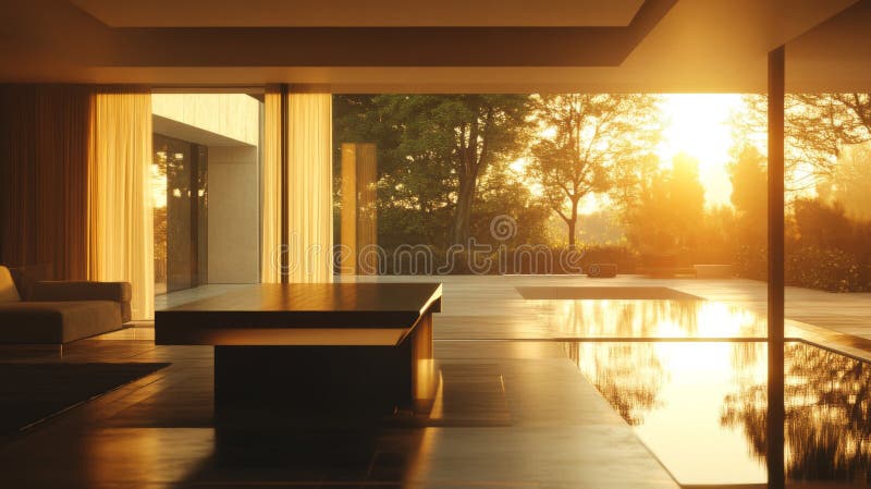 Luxury Modern Home Interior with Sunset View Stock Illustration ...