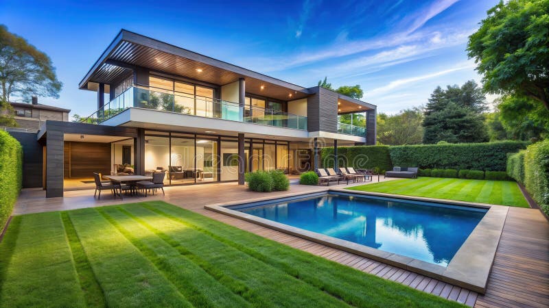 Luxury Modern Home with Pool and Landscaped Yard at Dusk. Generative AI ...