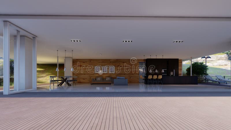 Luxury Modern House Elevation Interior View from Outdoor Wooden Deck 3d ...