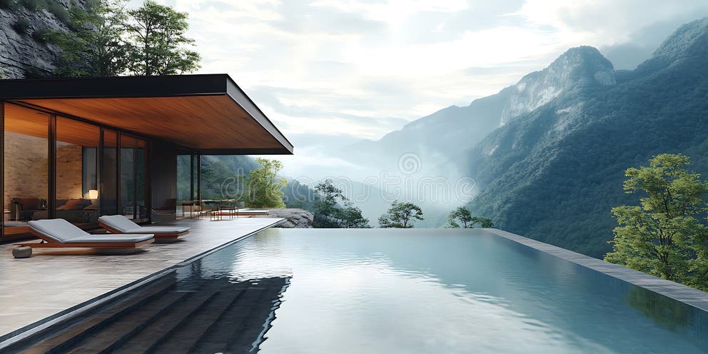 Luxury Modern House with Infinity Pool and Mountain Views Stock ...