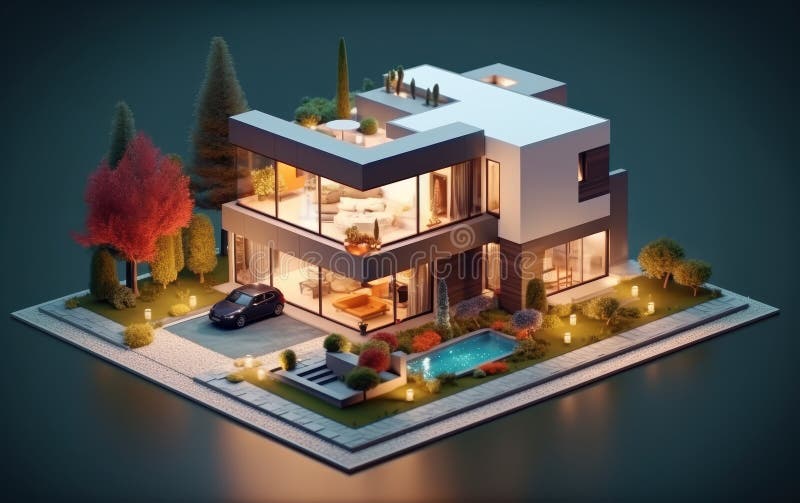 Luxury Modern House at Night: Architectural Isometric Design. Created ...