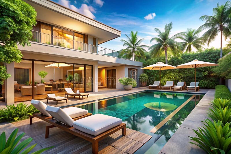 Luxury Modern House with Pool, Patio, and Tropical Landscaping Stock ...