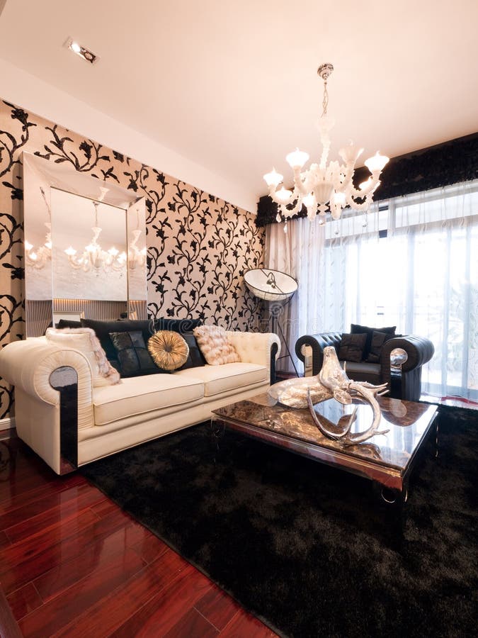 Living Room Coach Black Sofa Silver Furniture Stock Image - Image of ...