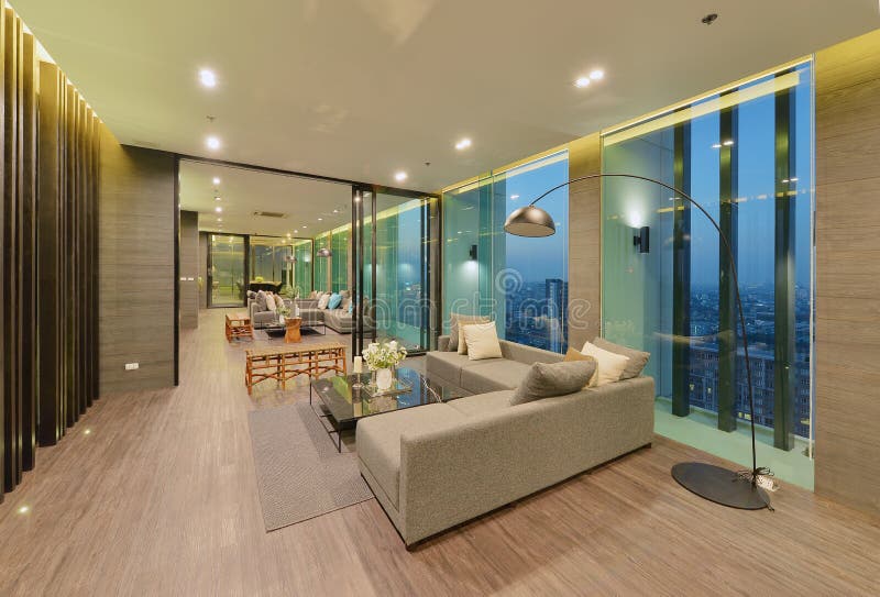Luxury Modern Living Room Interior and Decoration at Night, Interior ...