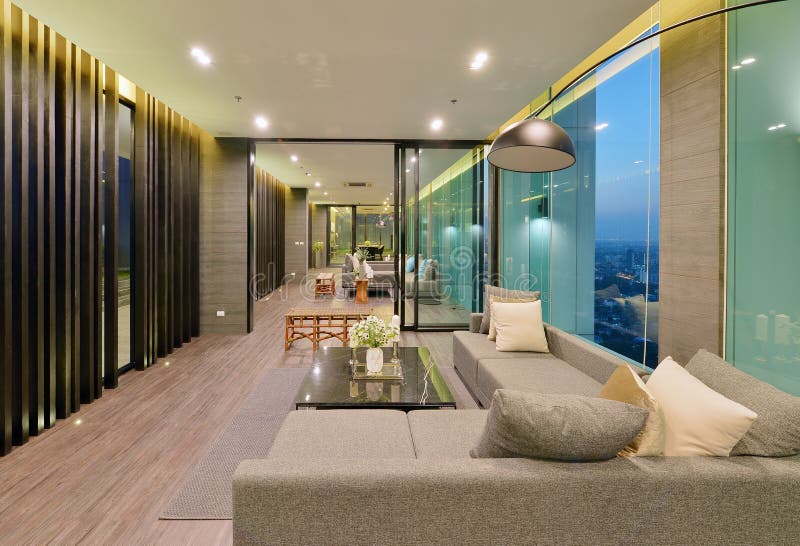 Luxury Modern Living Room Interior and Decoration at Night, Interior ...