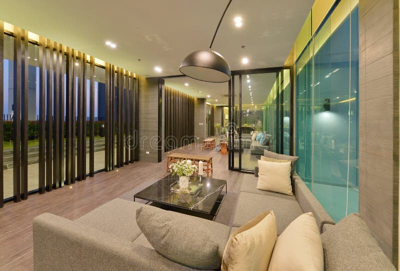 Luxury Modern Living Room Interior and Decoration at Night, Interior ...