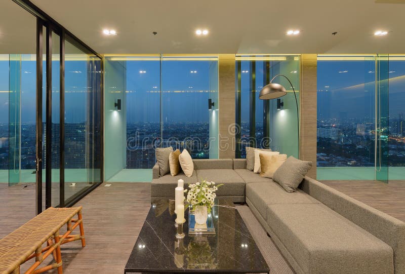 Luxury Modern Living Room Interior and Decoration at Night, Interior ...