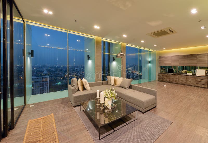 Luxury Modern Living Room Interior and Decoration at Night, Interior ...