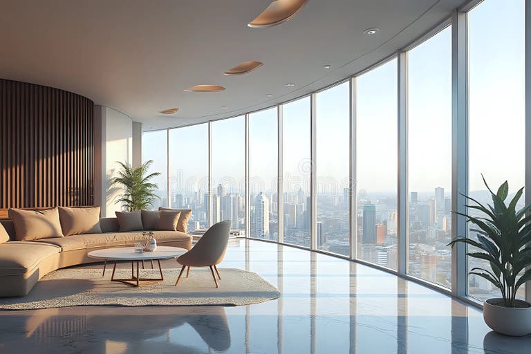 Luxury Modern Penthouse Interior with Panoramic Windows, 3d Render with Copy Space Stock ...