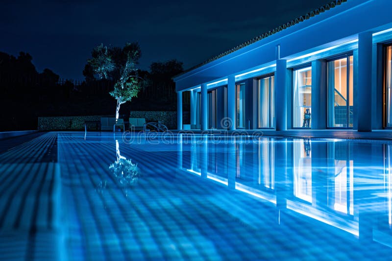 Luxury Modern Swimming Pool at Night Stock Illustration - Illustration ...