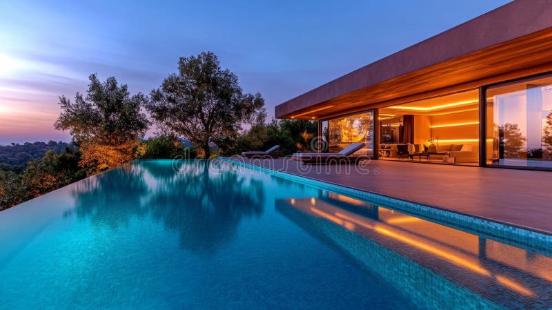 Luxury Modern Villa with Infinity Pool at Sunset Stock Illustration ...