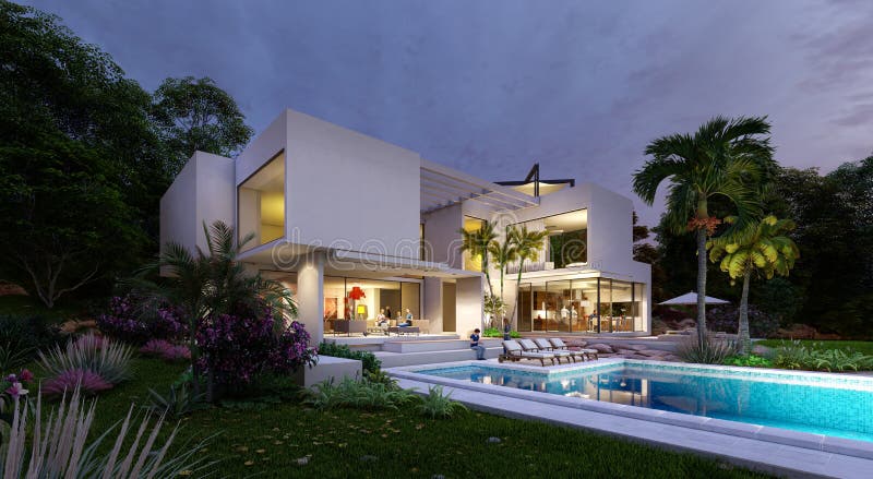 Luxury Modern Villa with Pool at Dusk Stock Illustration - Illustration ...