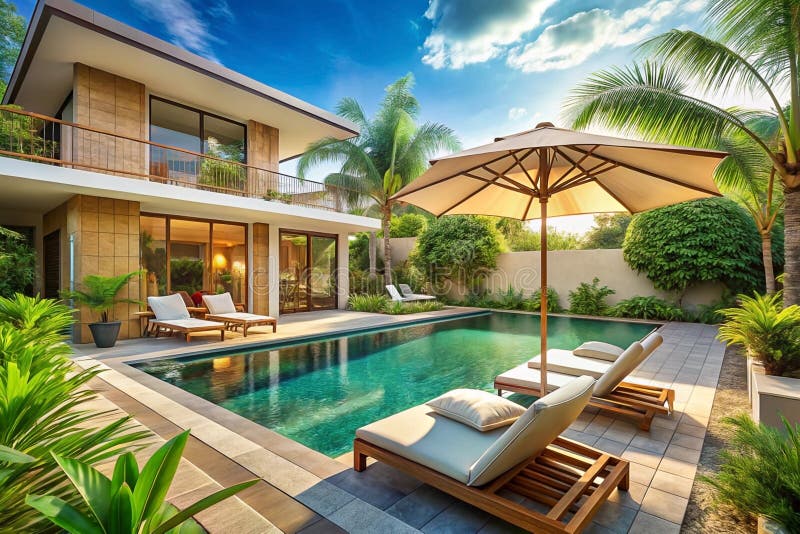 Luxury Modern Villa with Pool, Patio, and Tropical Landscaping Stock ...