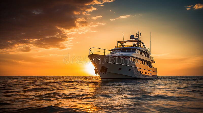 Luxury Motor Yacht on the Ocean at Sunset. Generative Ai Stock ...