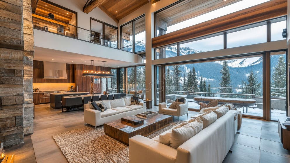 Luxury Mountain Home Interior with Open Floor Plan and Stunning Views ...