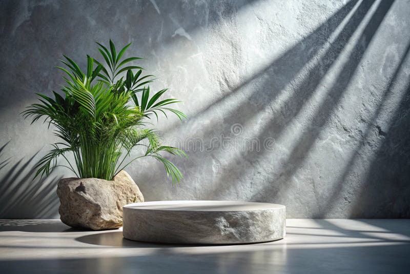 Luxury Natural Rough Rock Stone Podium with Plant Shadow Stock ...