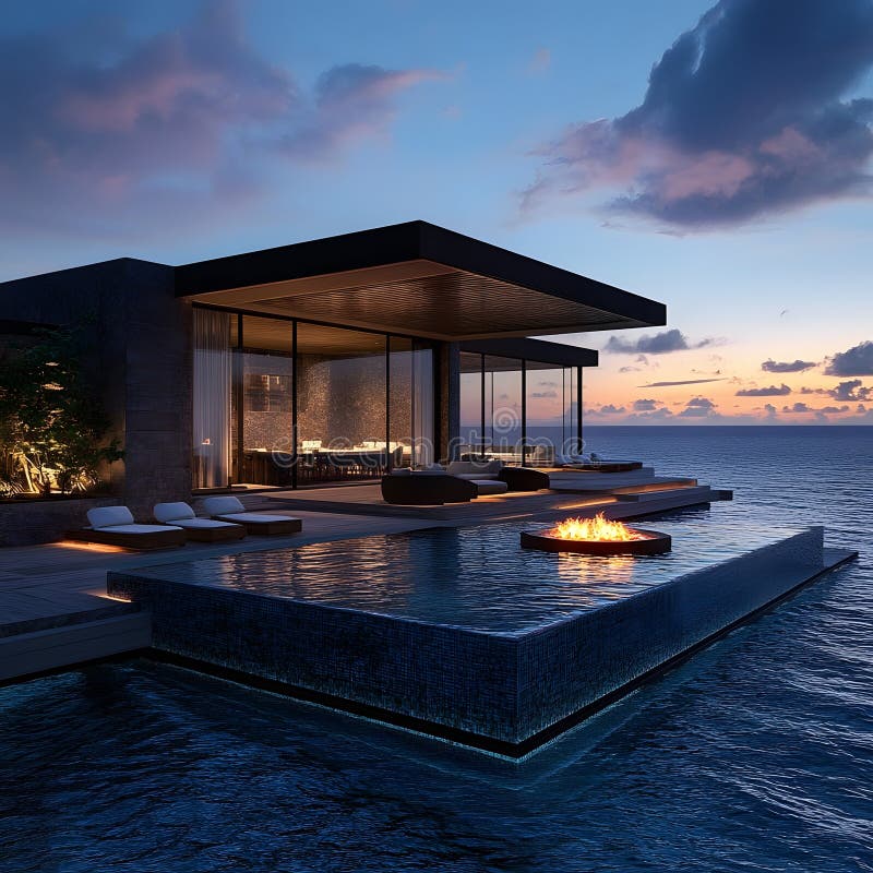 Luxury Oceanfront House at Sunset Infinity Pool and Fire Pit Stock ...