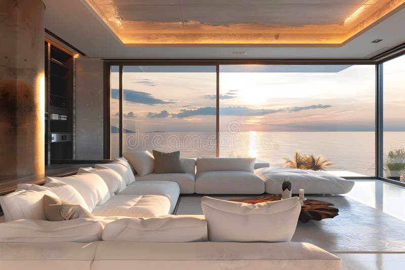 Luxury Oceanfront Living Room with Sunset View and Modern Design Stock ...