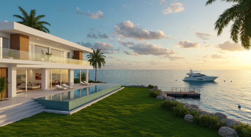 Luxury Oceanfront Villa with Infinity Pool at Sunset Stock Illustration ...