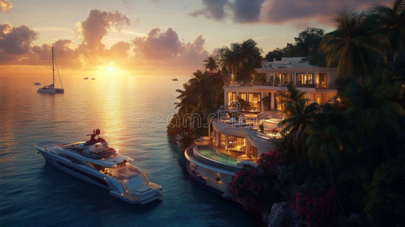 Luxury Oceanfront Villa at Sunset Stock Illustration - Illustration of ...