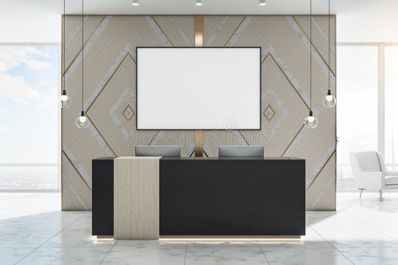 Luxury Office Hall with Reception Desk and Blank Poster on Wall Stock ...