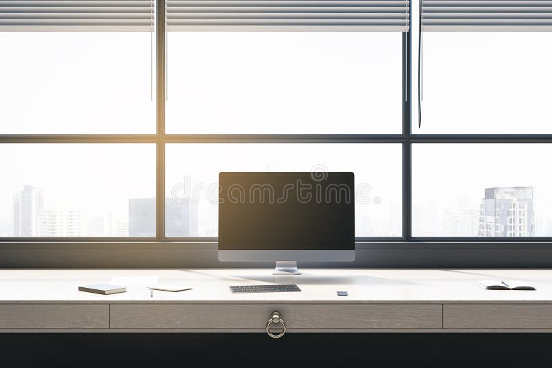 Luxury Office Interior with Panoramic Windows and City View, Blinds ...