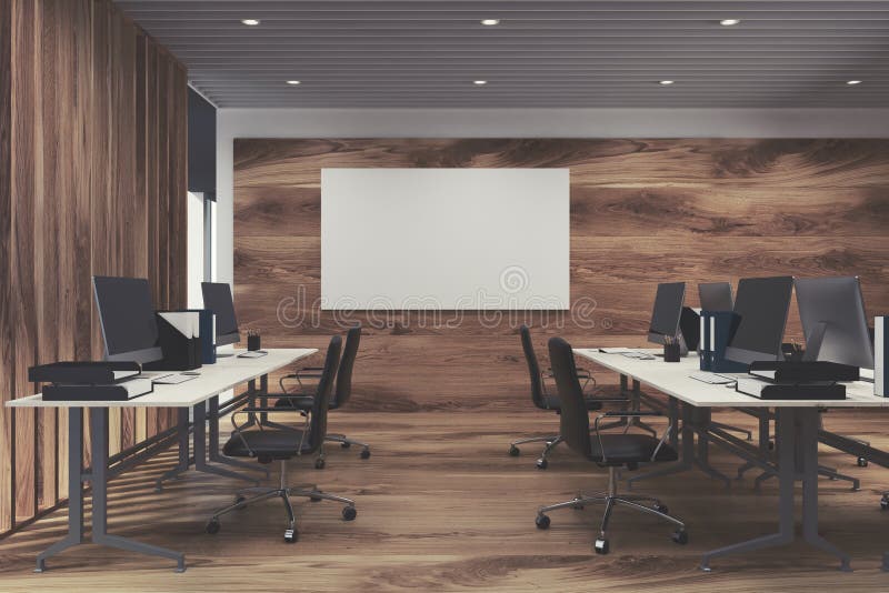 Luxury Office Interior with White Computer Tables and Panoramic Windows ...