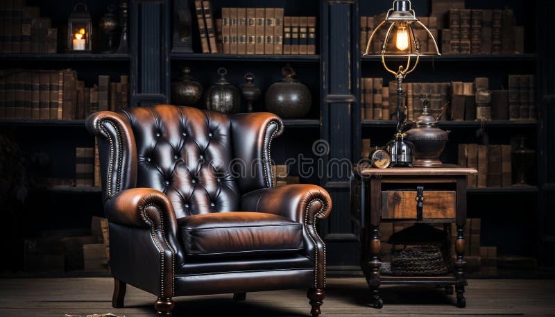 Luxury Old Fashioned Library with Comfortable Leather Armchair and ...