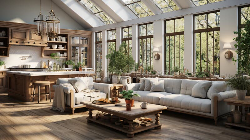 A Luxury Open Kitchen with Living Room Background Stock Illustration ...