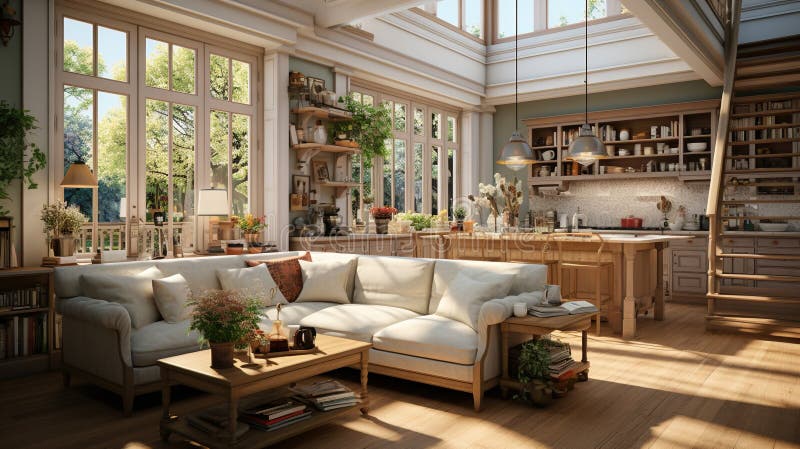 A Luxury Open Kitchen with Living Room Background Stock Illustration ...