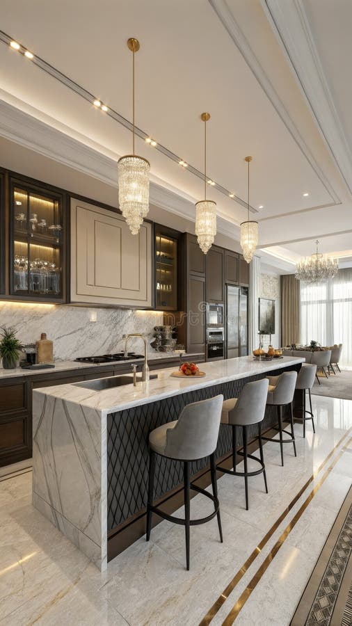 Luxury Open-plan Kitchen Interior Featuring a Marble Countertop ...