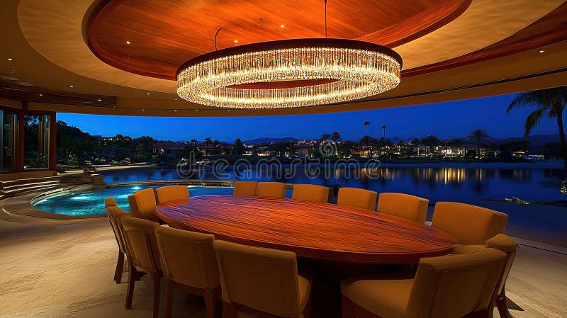 Luxury Outdoor Dining, Sunset View, Pool, Chandelier Stock Photo ...