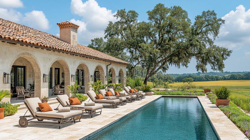 Luxury Outdoor Living Space with Pool and Patio Stock Illustration ...
