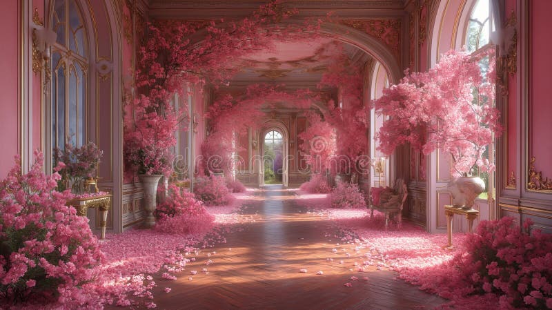 Luxury Palace Interior with Pink Flowers. 3D Rendering Stock ...